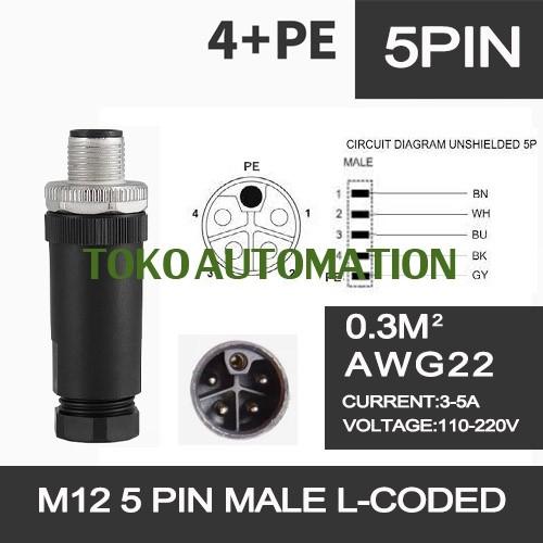 Jual Konektor M12 5 PIN L CODE 5PIN L COEDED male connector SX13 ...