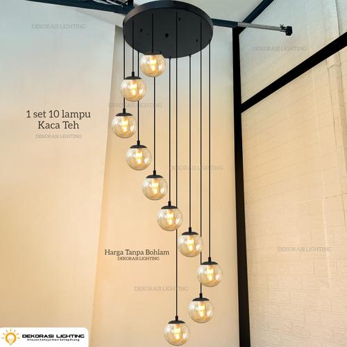 Jual Lampu gantung void tangga 10in1 12in1 model kaca bulat body hitam minimalis e27 dekor ...