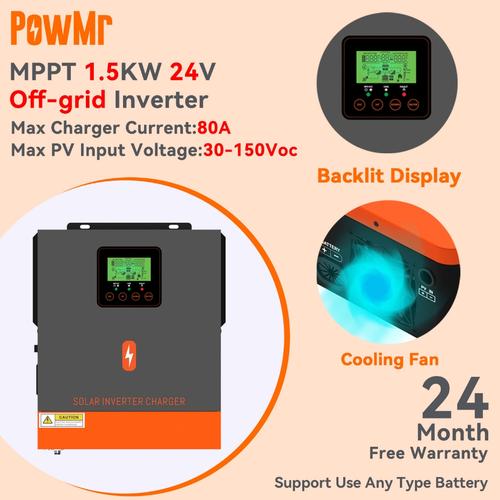 Jual PowMr 1.5KW 24V Inverter Surya Hibrida 230Vac Tegangan Awal Fotovoltaik 30Voc Bawaan 80A ...