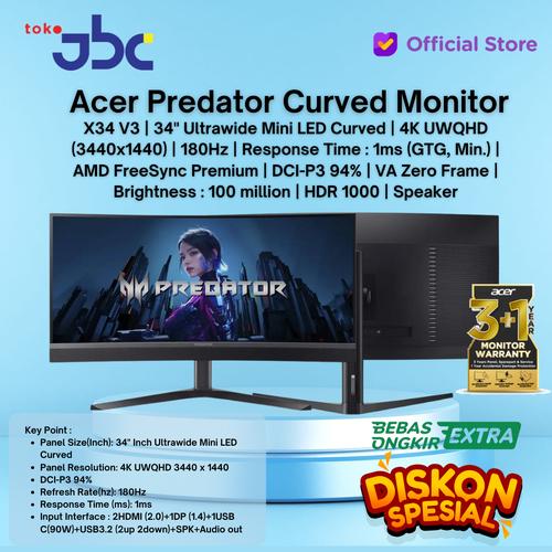 Promo Acer Monitor 34 Inch Predator X34 V3 | 4K UWQHD 240Hz garansi ...