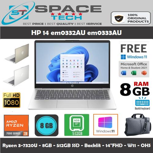 Promo Laptop HP 14 em0332AU em0333AU Ryzen 3-7320U 8GB 512GB 14"FHD ...
