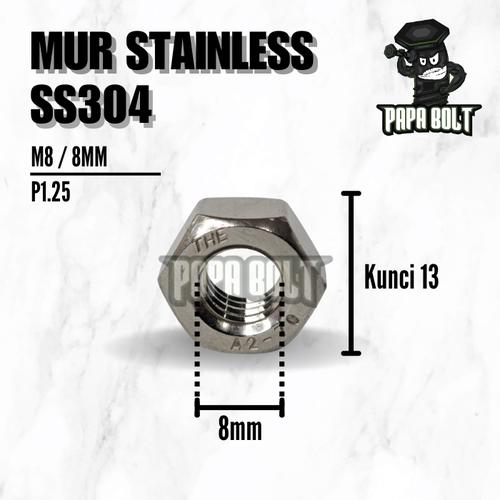 Jual Mur Hexagon M8 / 8mm Stainless 304 Kunci 13 P1.25 / Nut Silver ...