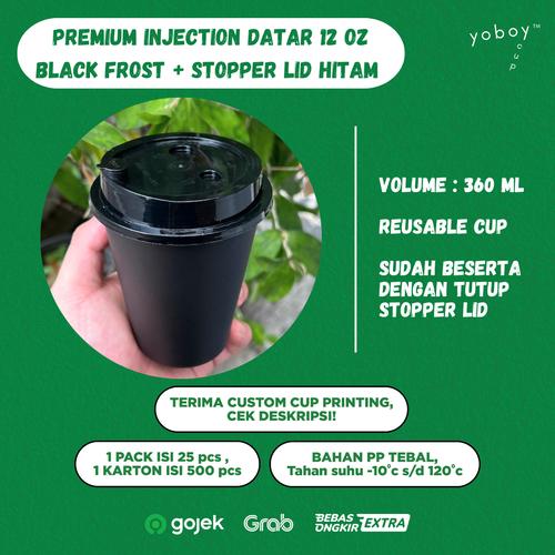 Jual INJECTION PREMIUM CUP 12oz FROST DOFF BLACK + STOPPER LID HITAM ...