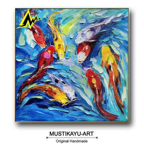 Jual lukisan kanvas abstrak modern ikan koi 100 x 100 cm frame dekorasi ...