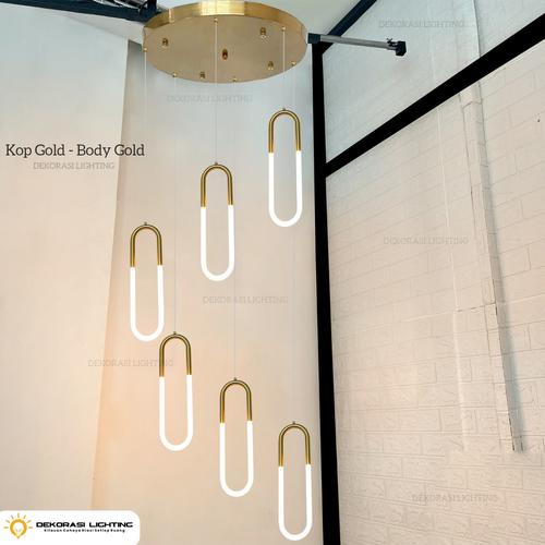 Jual Lampu gantung void tangga oval 6in1 led body gold hitam ruang tamu ...