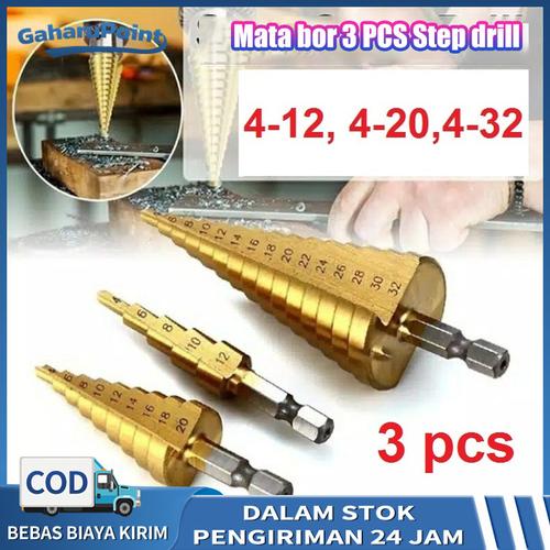 Jual COD Mata Bor 3 PCS Step Drill Besi Kuningan Kayu Plastik Dril HSS ...