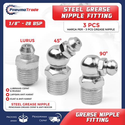 Promo NIPPLE GREASE STEEL CRHOME 1/8 NEPEL LURUS/45°/90° LURUS - 1/8 ...