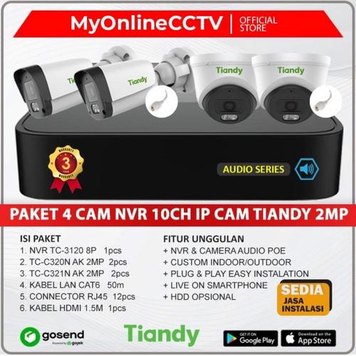 Promo Paket Ip tiandy 4 camera poe audio kamera NVR 10 channel siap ...