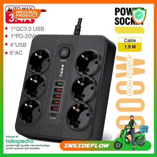 Jual Colokan Kabel Listrik Stop Kontak USB Type C EU Plug Terminal 6 Lubang 250V 3000W - Putih ...