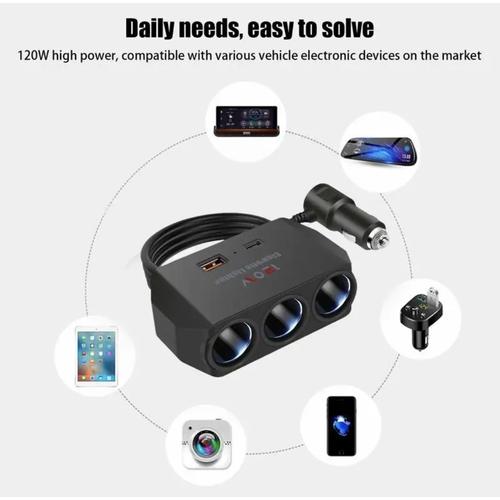 Jual socket lighter mobil 120W 3in1 USB Fast Charger Splitter D28 ...