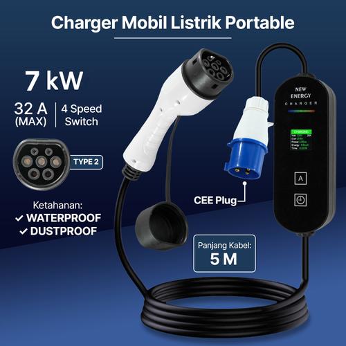 Jual NEWENERGY Charger Mobil Listrik EV LCD 32A 7kW CEE to Type 2 ...