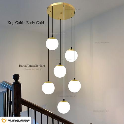 Jual Lampu gantung tangga void 6in1 kaca bulat minimalis fiting e27 dekor - Body Gold, Kaca susu ...