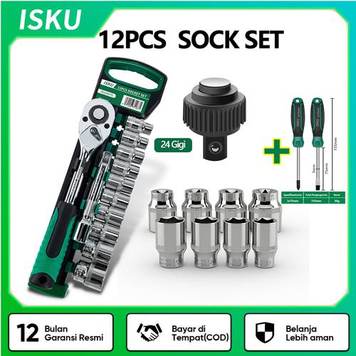 Promo ISKU Kunci Shock Sok Socket Set 12Pcs kunci Ratchet 1/4 Inch 8 ...