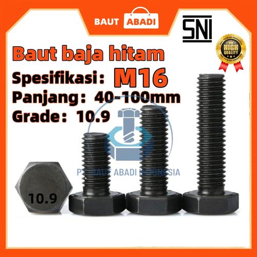 Jual Baut mur baja hitam M16 garde 10.9 hex full drat / Half drat / ring per / ring plat / hex ...
