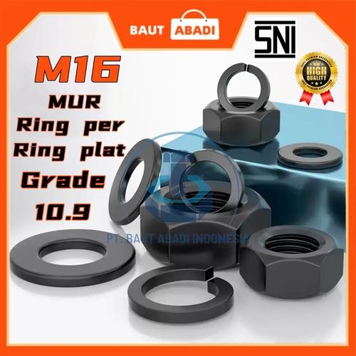 Jual Mur baja hitam M16 Grade 10.9 Ring per / Ring plat / mur hex ...