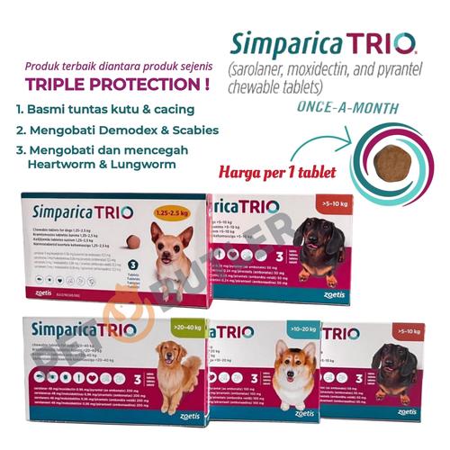 Jual Obat Kutu Anjing SIMPARICA TRIO Triple Protection Kutu Cacing Demodex Scabies Heartworm ...