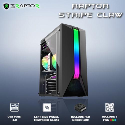 Jual CASING GAMING RAPTOR GLASS STRIPE CLAW BLACK INCLUDE PSU NERRO-600 ...