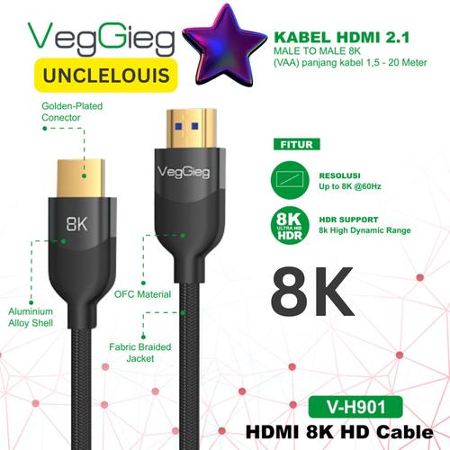 Jual VEGGIEG HDTV 2.1M/M 8K Cable Black - 1m/ 1.5m/3m/5m/10m - 1M ...