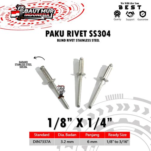 Jual BLIND RIVET - PAKU RIVET SS304 1/8" X 1/4" (3,2MM X 6MM) - Kab ...