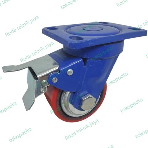 Jual roda PU 4 inchi breket biru extra heavy duty (100x50 mm ) Rem ...