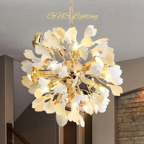 Jual Lampu gantung hias modern white and gold ginkgo leaves round shape ...