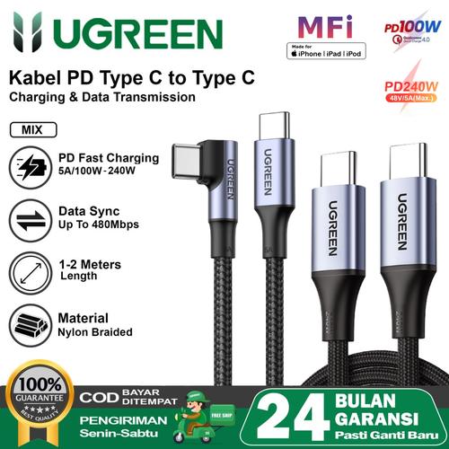 Jual UGREEN Kabel Data Charger Nylon 60W 100W 240W 3A 5A USB Type C to ...
