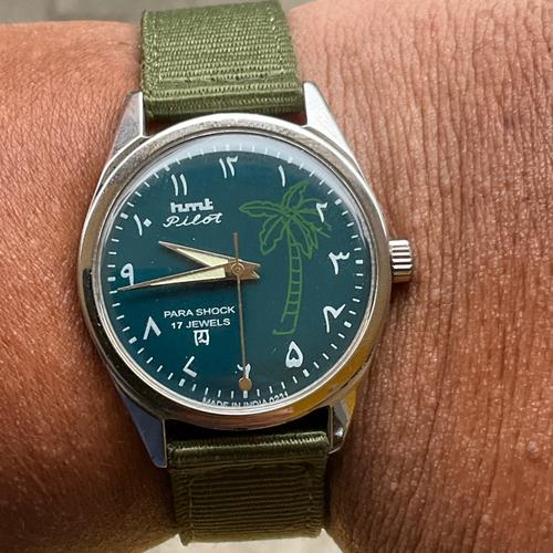 Jual JAM KUNO INDIA HMT PILOT LOGO POHON PALEM ARAB NUMERIC INDEX GREEN ...