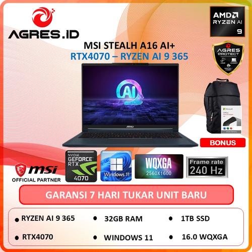 Promo MSI STEALTH A16 AI+ RTX4070 RYZEN AI 9 365 32GB 1TB W11+OHS 16" - BUNDLE MEDIUM, WINDOWS ...
