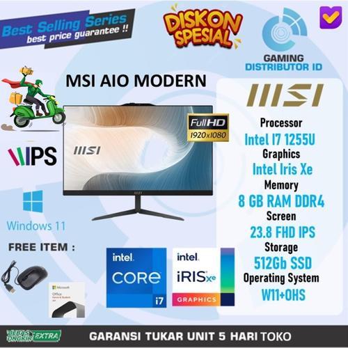 Promo PC AIO MSI Modern Intel I7 1255 8Gb 512Gb W11+OHS 23.8 Fhd Ips ...