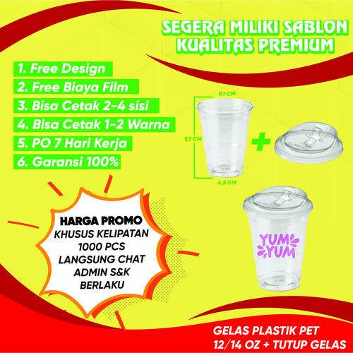 Jual Sablon Cup Plastik PET 12/14 OZ + Tutup Gelas Strawless LID -1000 ...