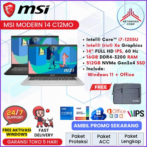 Promo MSI MODERN 14 C12MO Intel Core i7 1255 RAM 16GB SSD 512GB W11+OHS ...