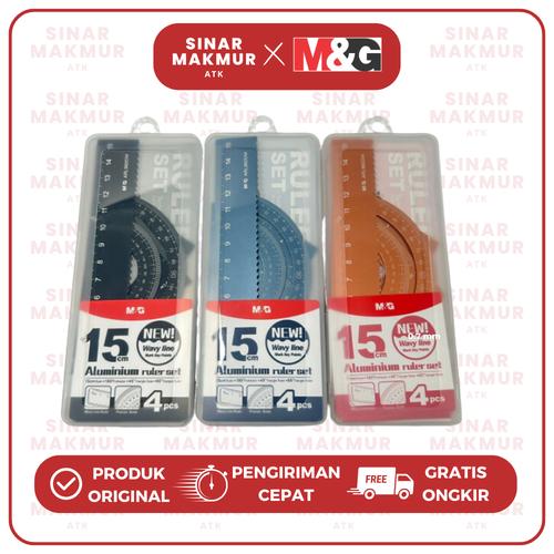 Jual Penggaris/Ruler/Drafting Set Metal/Besi isi 4 pcs 15 cm M&G ...