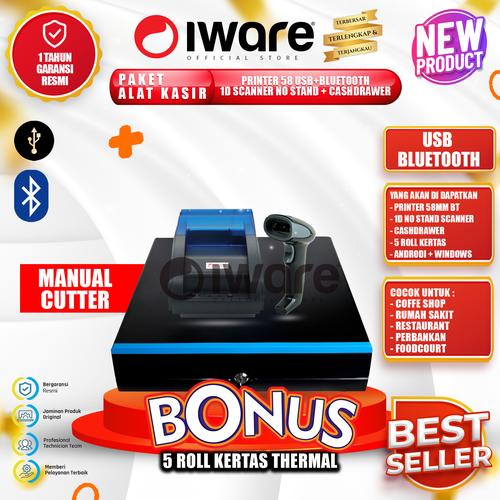 Promo Iware Paket Alat Kasir Thermal RPP02N Printer 58MM Usb Bluetooth + 1D Scanner Barcode No ...