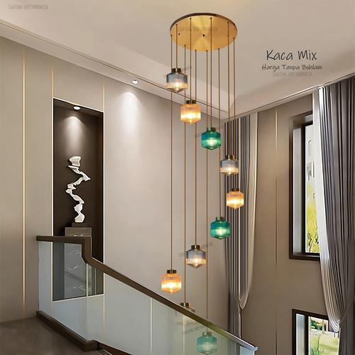 Jual Lampu gantung void tangga minimalis 10in1 kaca motif teh abu hijau 20cm ruang tamu modern ...