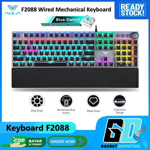 Promo Keyboard Gaming Multimedia Mechanical AULA F2088 - RGB Blue ...