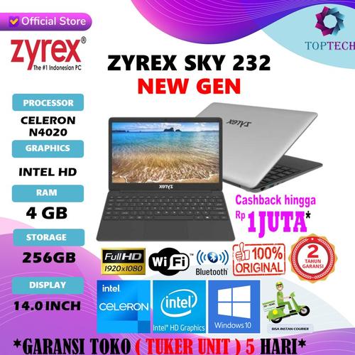 Promo Zyrex Sky 232 NEW GEN Celeron N4020 4GB 256GB+64GB 14.0FHD W10 Resmi - +W11 Home, 4gb ...
