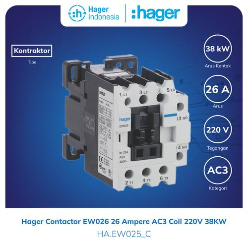 Promo Contactor Hager EW025 26a 26 Ampere AC3 Coil 220V 38kW Kontaktor EW025C - Jakarta Barat ...