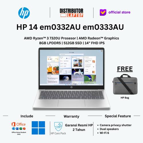 Promo HP Laptop 14 Ryzen 3 7320U RAM 8GB 512GB SSD 14" FHD IPS em0332AU ...