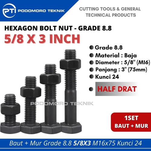 Jual Baut Grade 8.8 5/8X3 M16 Kunci 24 Baut 5/8'' x 3'' Hexagon Bolt ...