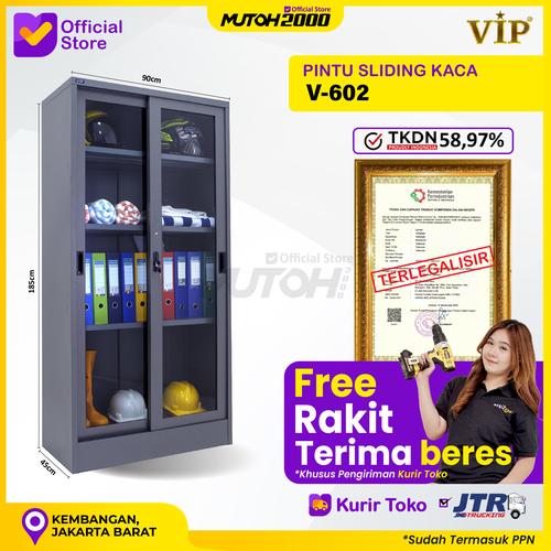 Promo Lemari arsip besi VIP V-602 - 2 Pintu Sliding Kaca Bersertifikat TKDN - Cargo+Pack Kayu ...
