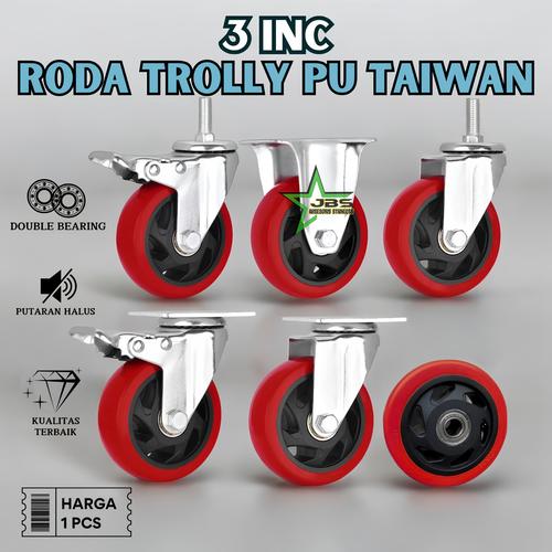 Jual RODA TROLI 3" INCH PU MERAH TAIWAN+DOUBLE BEARING HEAVY DUTY ...