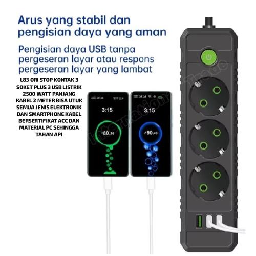 Jual L83 ORI STOP KONTAK 3 LUBANG USB 2 METER COLOKAN LISTRIK TERMINAL ...