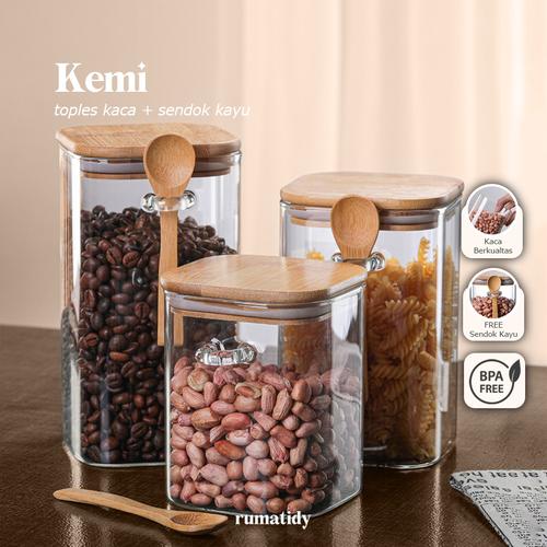 Promo (SATUAN) KEMI Toples Kaca FREE Sendok Kayu dengan Tutup Kayu ...