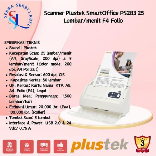 Jual Scanner Plustek SmartOffice PS283 25 Lembar/menit F4 Folio ...
