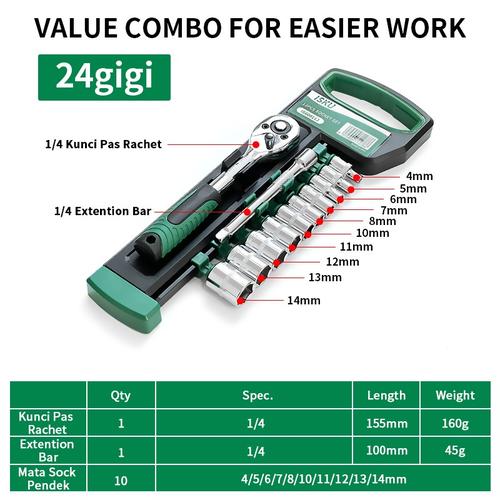 Jual ISKU kunci shock sok socket set wrench 12pcs 1/4 inch ratchet 4 ...