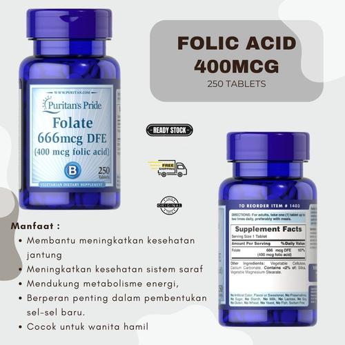 Jual Puritan's Pride Folate 666mcg DFE (Folic Acid 400 mcg) 250 Tablets ...