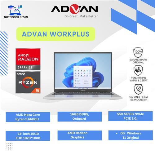 Jual Advan Work Plus – Ryzen 5 6600H-16GB-SSD 512GB-W11- silver ...