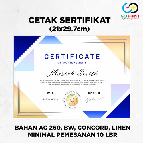 Jual Cetak Sertifikat Piagam Full Color Custom A4 - AC 260, 1 Muka ...
