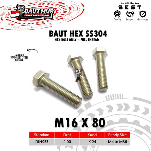 Jual HEX BOLT BAUT HEX ONLY STAINLESS SS304 M16X80 - Kab. Bekasi ...