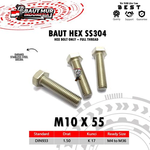 Jual HEX BOLT SS304 - BAUT HEX M10X55 - Kab. Bekasi - BAUTMUR INDONESIA ...